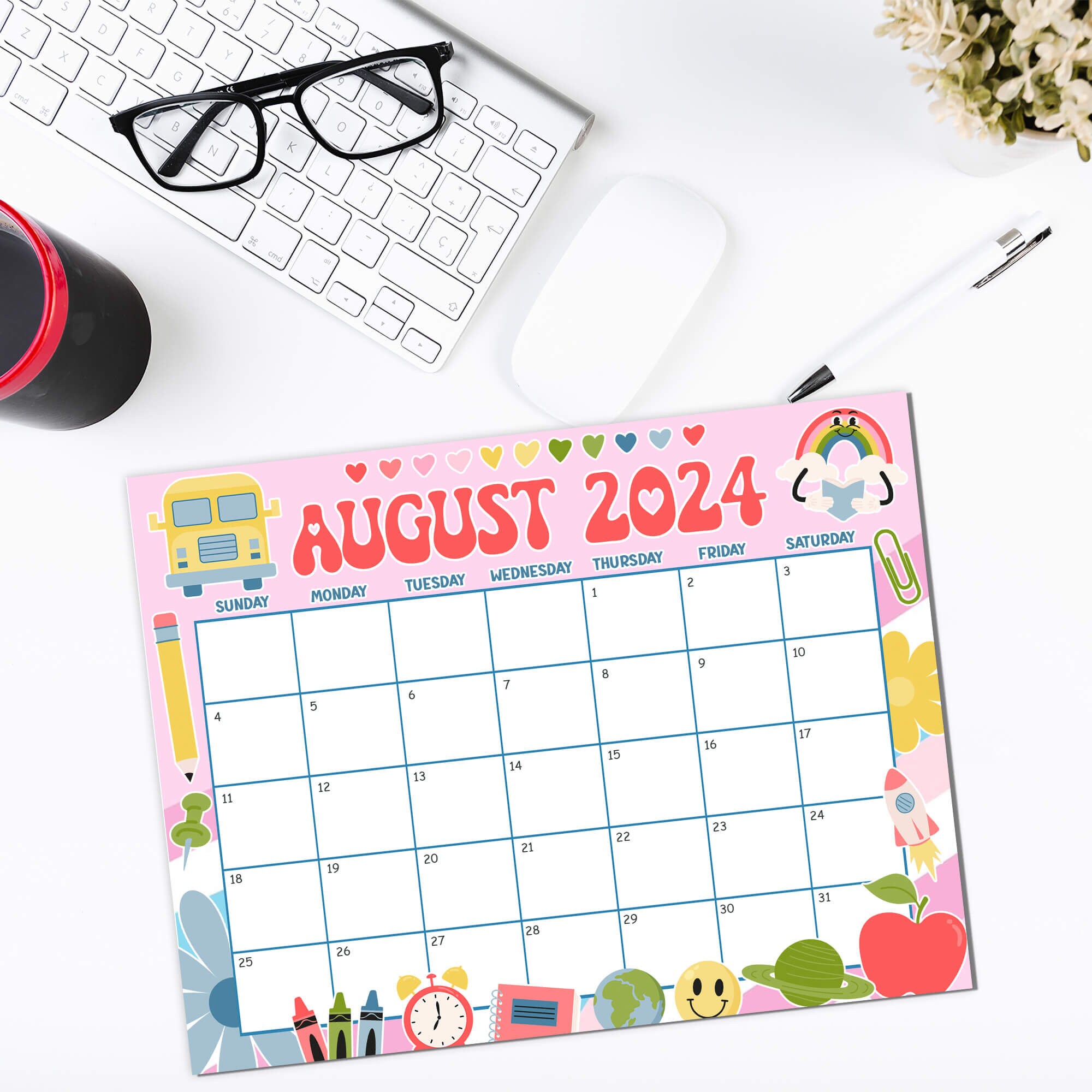 Back to School Themed August 2024 Calendar, Printable August School ...
