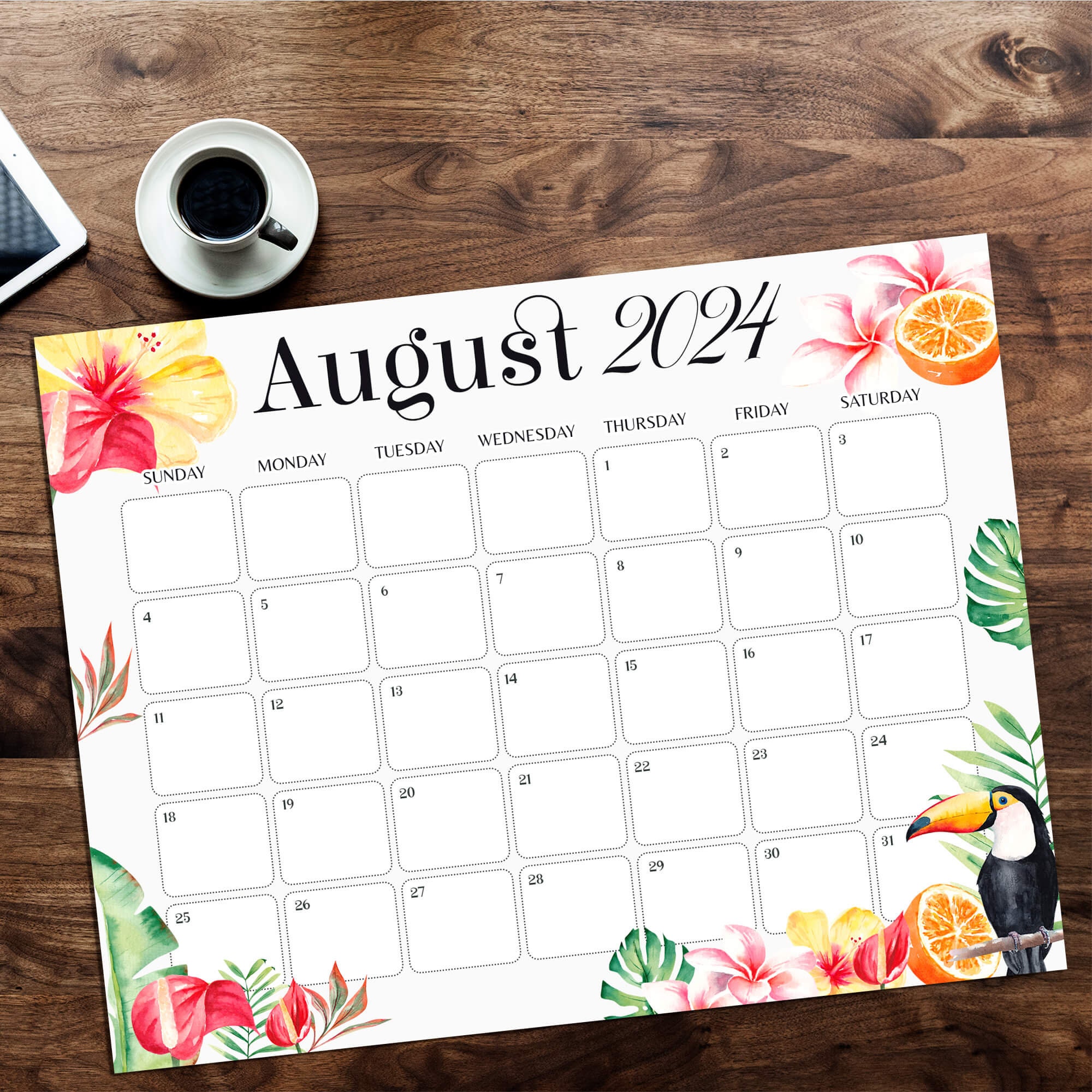 PDF Tropical Vibes Themed August 2024 Calendar, Printable Tropical ...