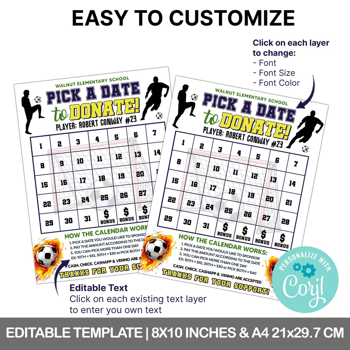 Editable Soccer Fundraiser Pick A Date to Donate Calendar, Football ...