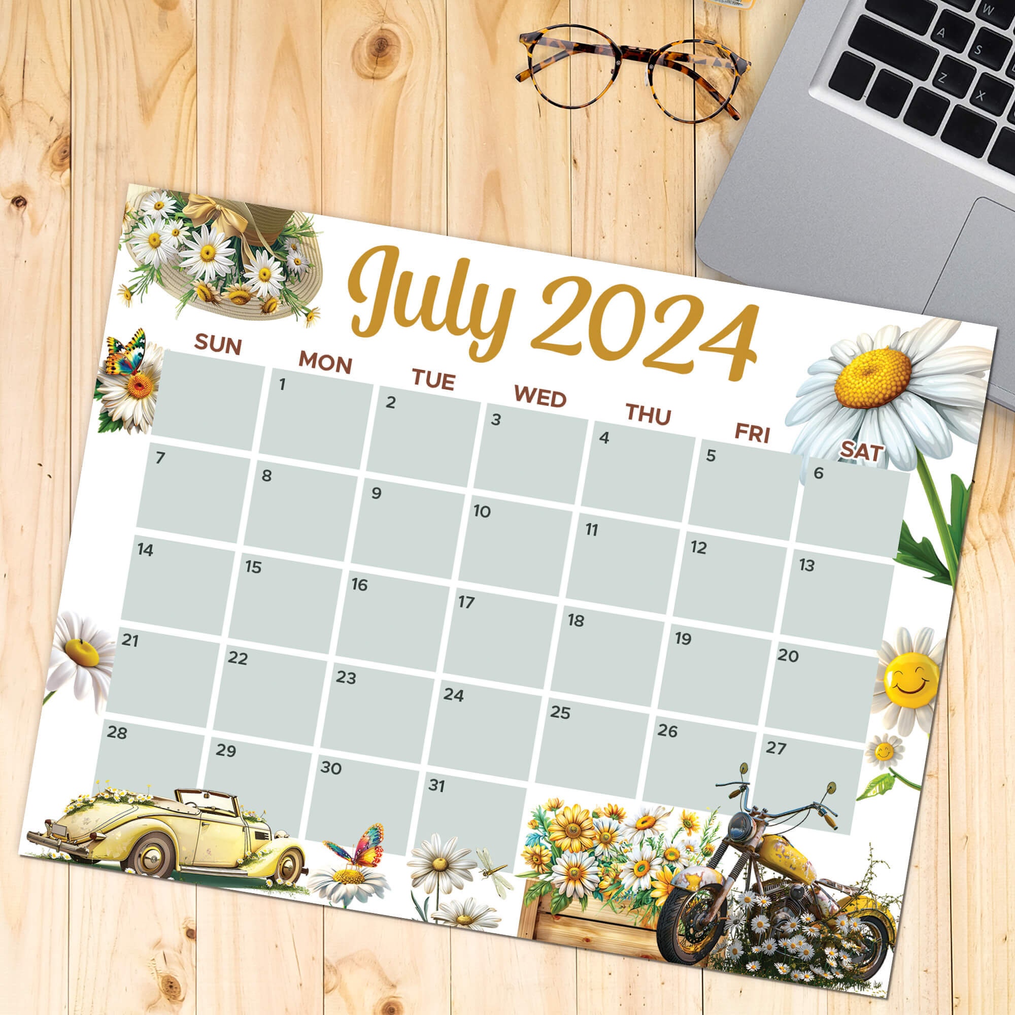 July 2024 Summertime Daisy Themed Calendar, Printable Floral Calendar ...