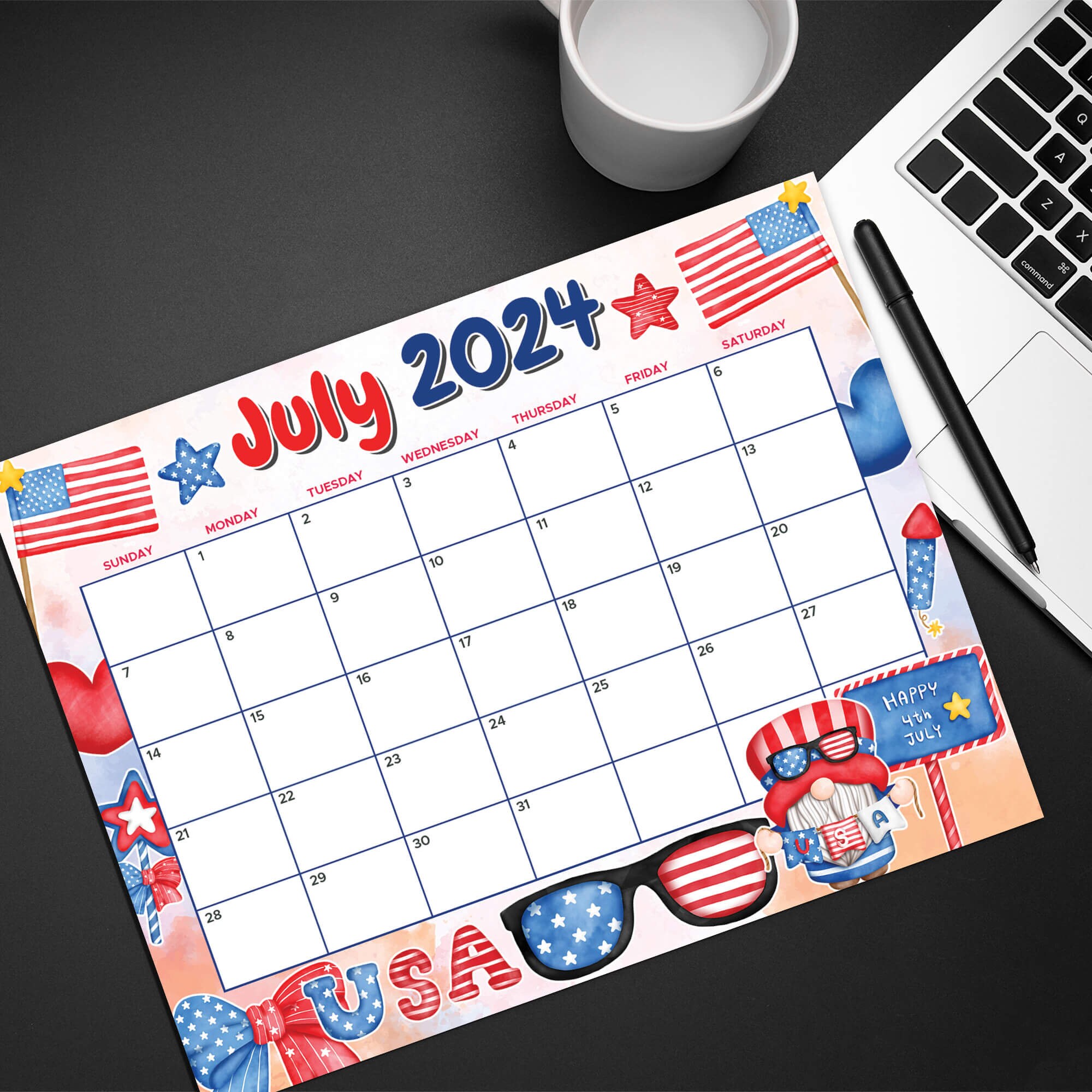 Printable 4th of July Day Calendar Planner, July 2024 Calendar, 4th of ...