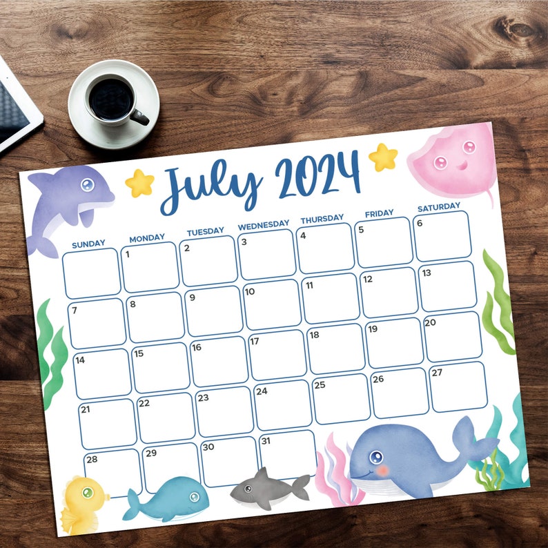 July 2024 Underwater Calendar, Printable Under the Sea Planner, Monthly ...