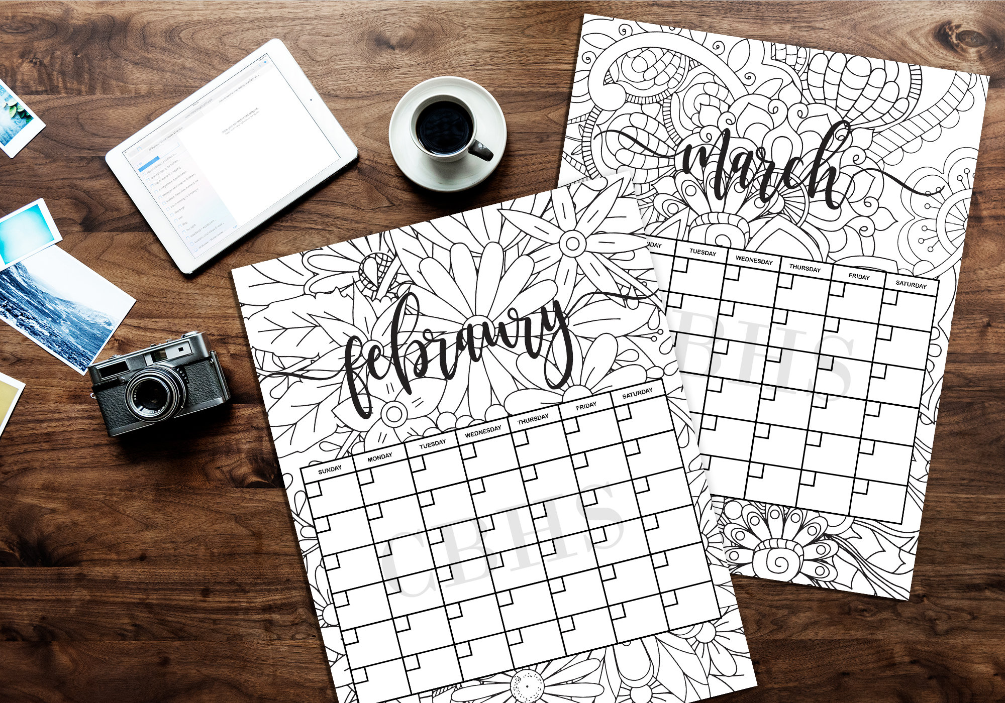 12 Month Coloring Calendar Floral Pattern Black Lettering, Printable ...