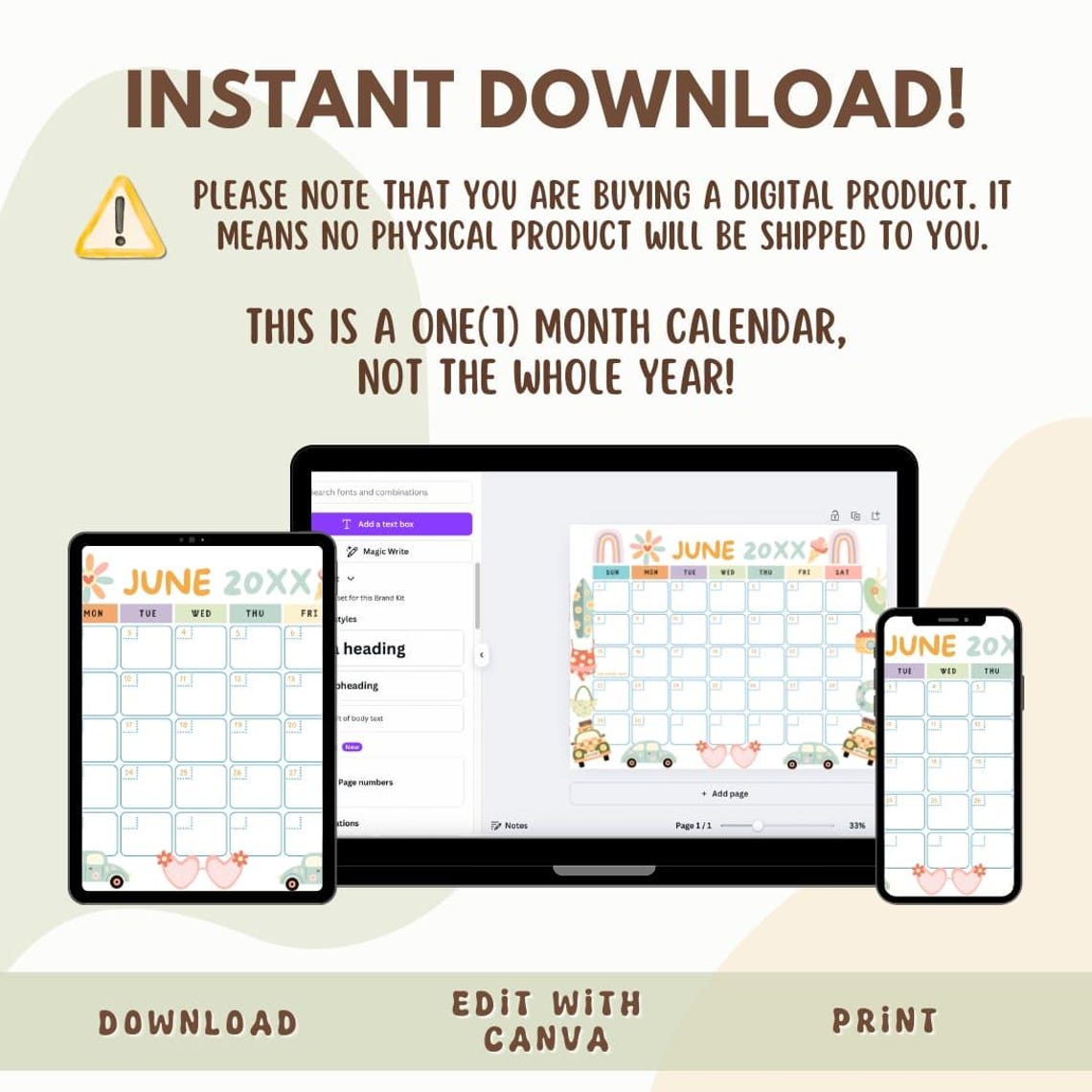 Editable Retro Summer June Calendar Template | Groovy Aesthetic ...
