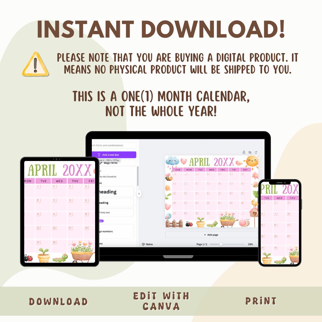 EDITABLE April 2025 Calendar | Cute Monthly Planner, Spring Theme | PDF ...