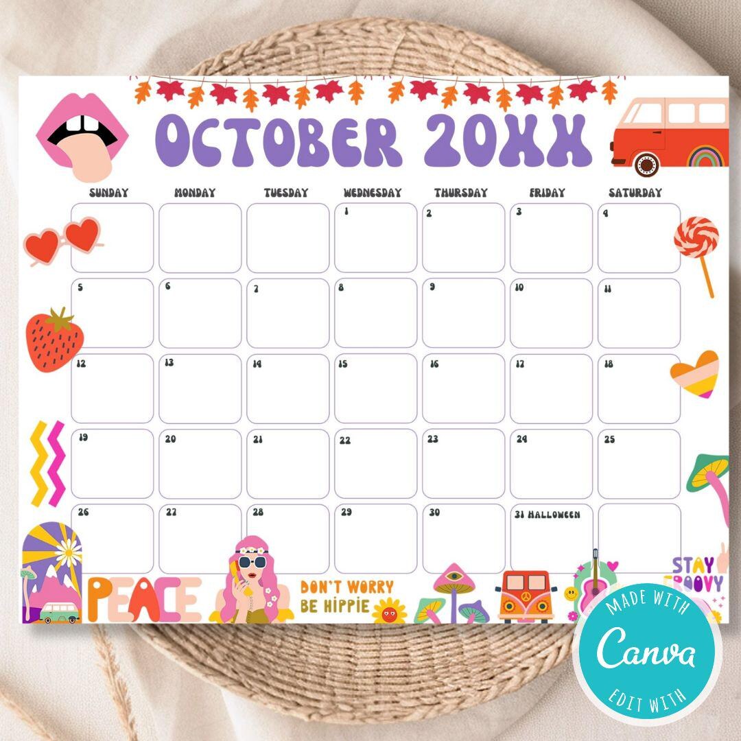 Editable Vintage Groovy October Calendar Planner Printable Template - Etsy