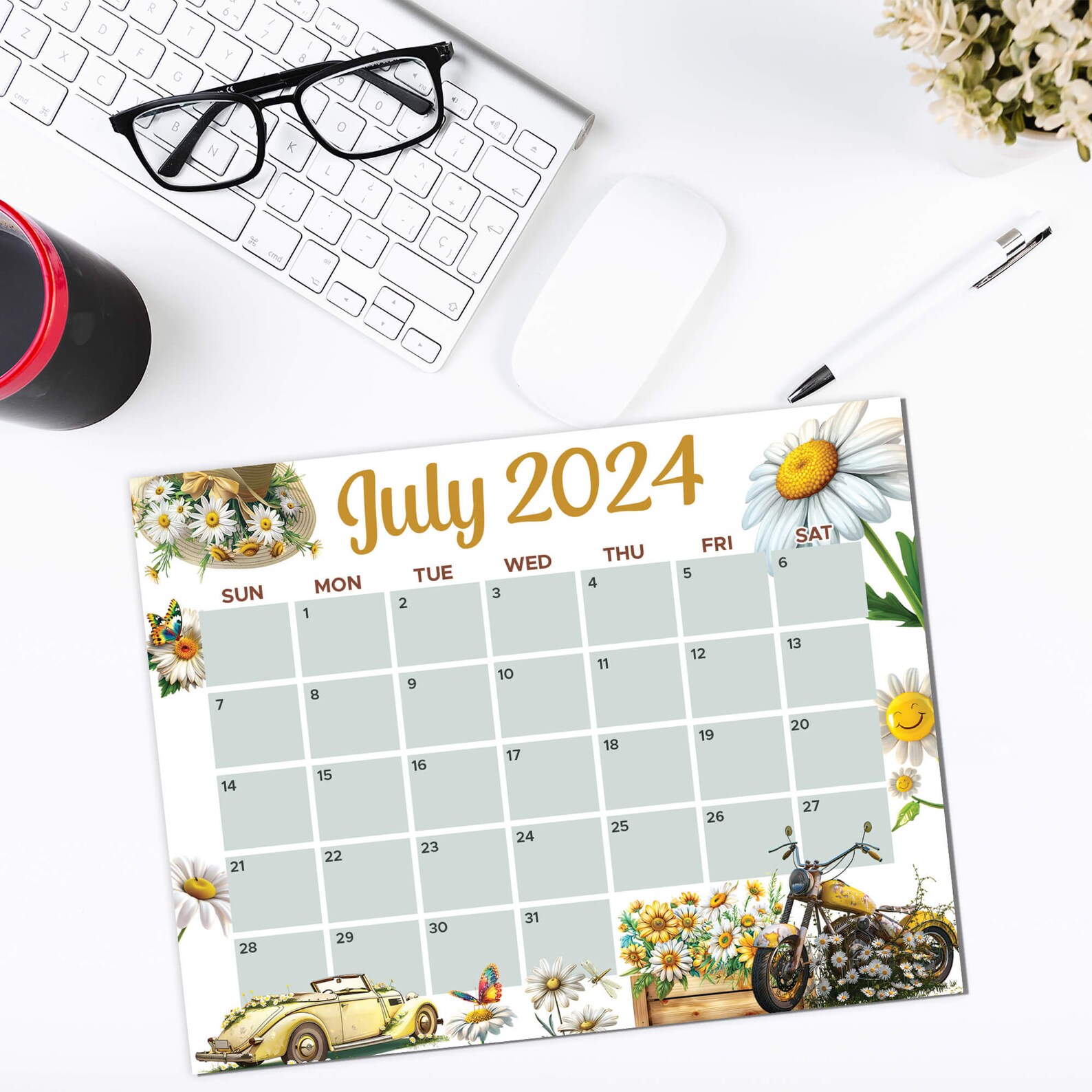 July 2024 Summertime Daisy Themed Calendar, Printable Floral Calendar ...