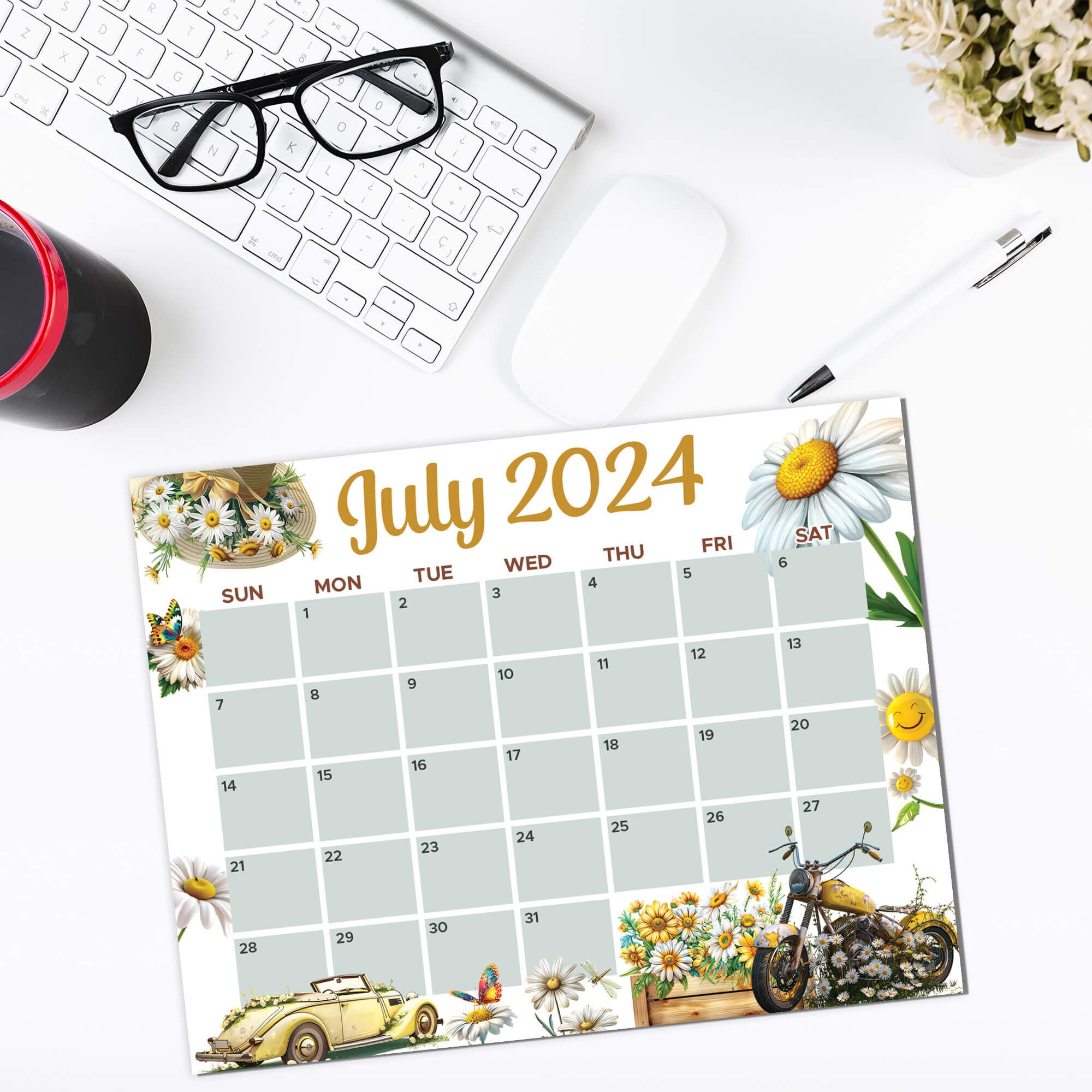 July 2024 Summertime Daisy Themed Calendar, Printable Floral Calendar ...