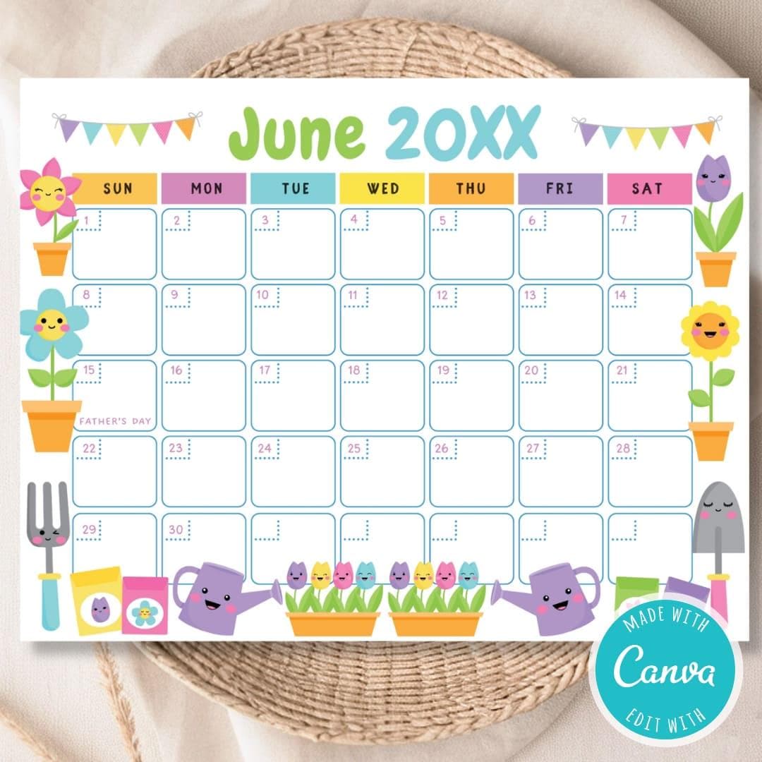 Editable Kawaii June Calendar | Spring Flower Printable | Cute Canva ...