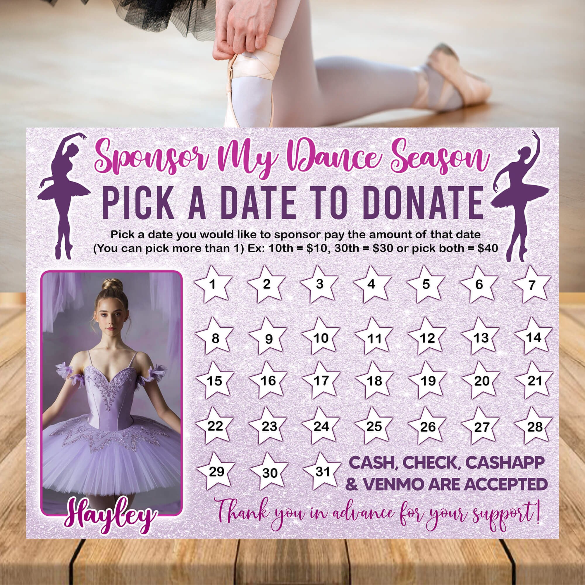 Editable Dance Themed Donation Calendar, Ballet Donation, School Ballet ...