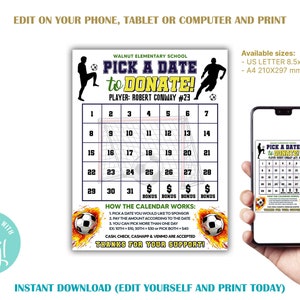 Editable Soccer Fundraiser Pick A Date to Donate Calendar, Football ...