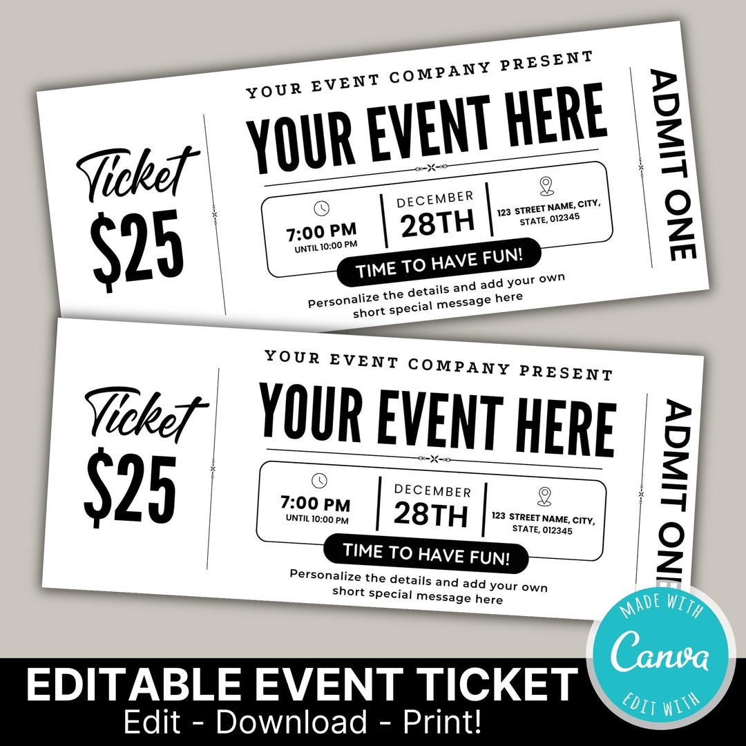 Editable Event Ticket Template | DIY Event Printable | Gift for Him and ...