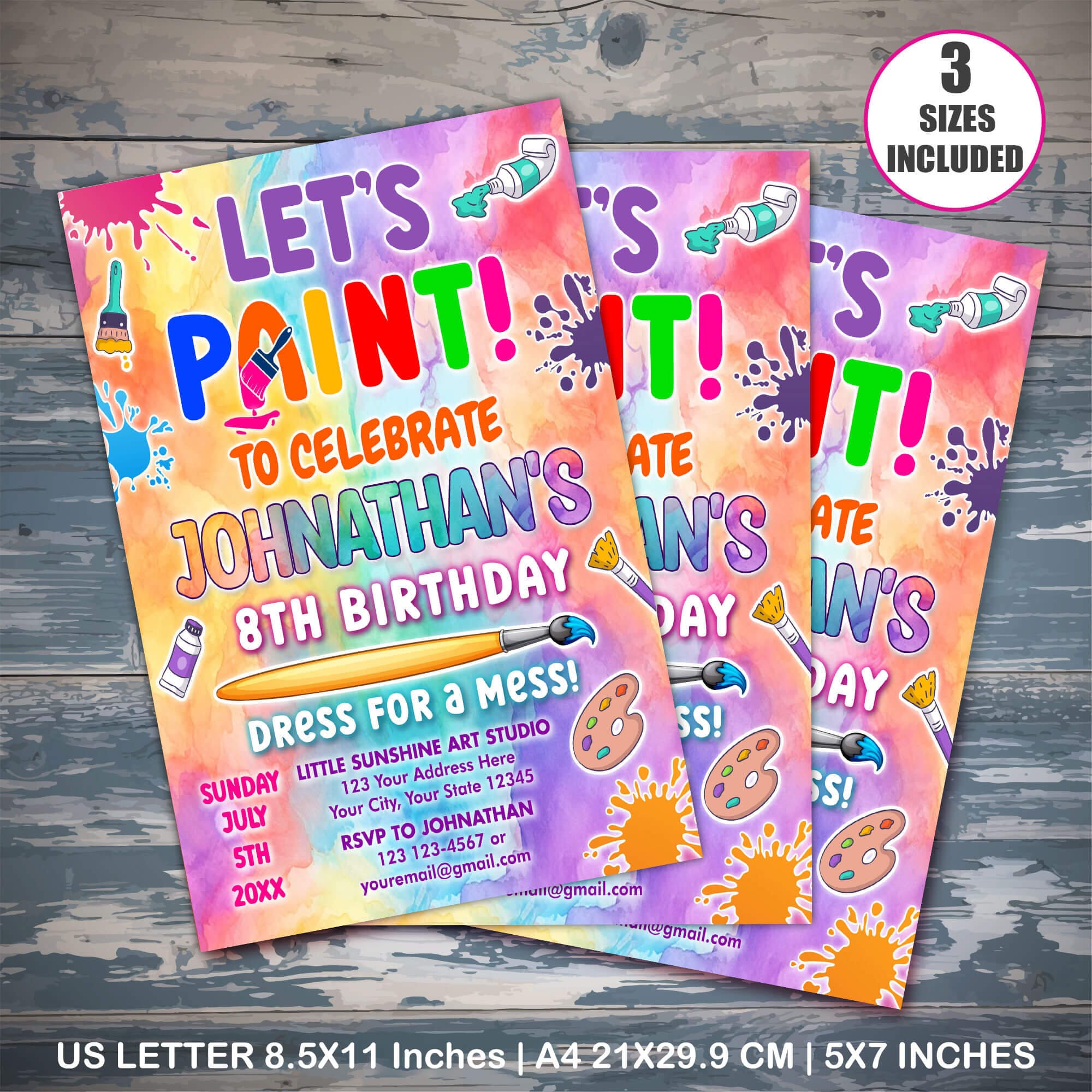 Editable Art Birthday Party, Paint Party Invitation Template, Rainbow ...