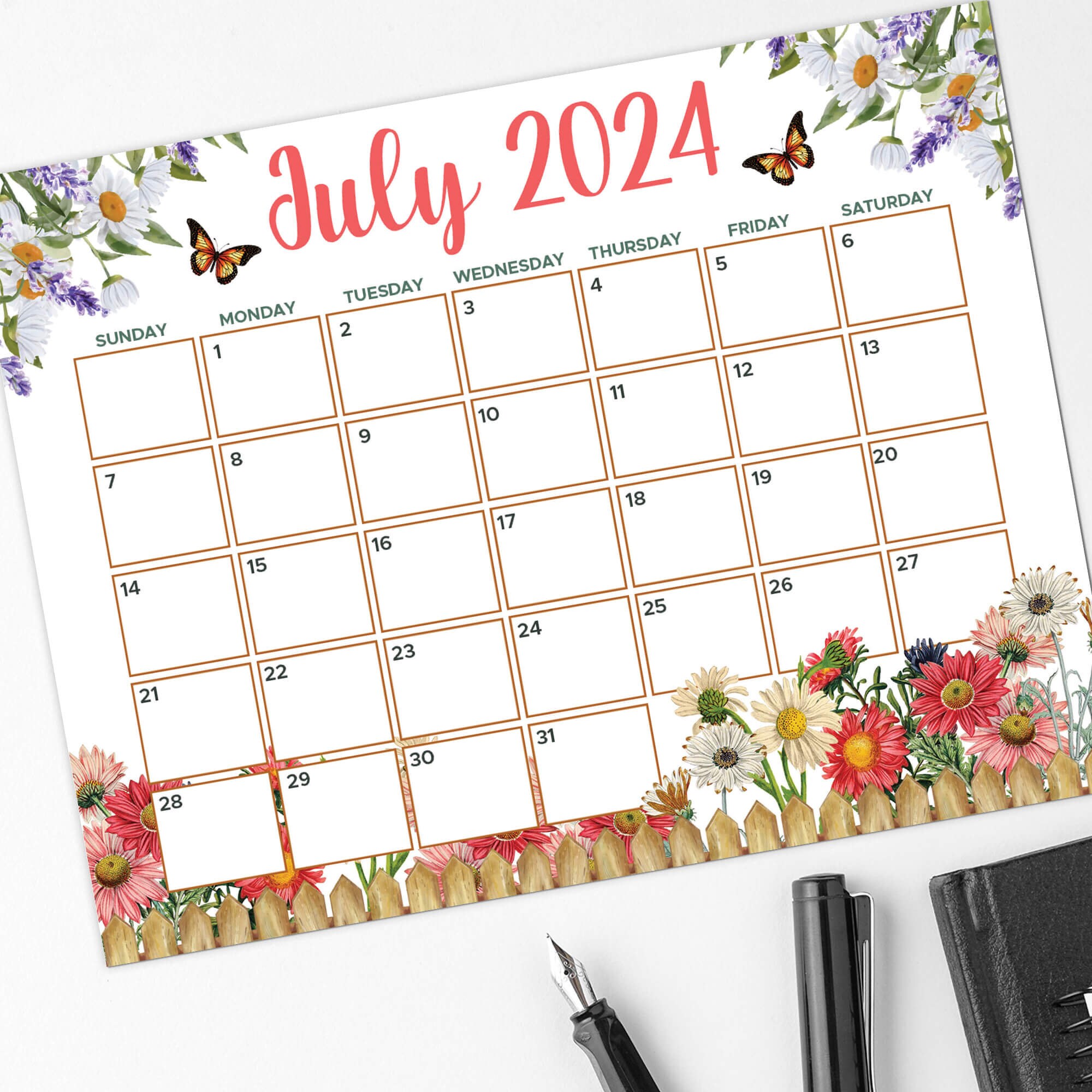 July 2024 Daisy Floral Themed Calendar, Printable Cute Daisies Calendar ...