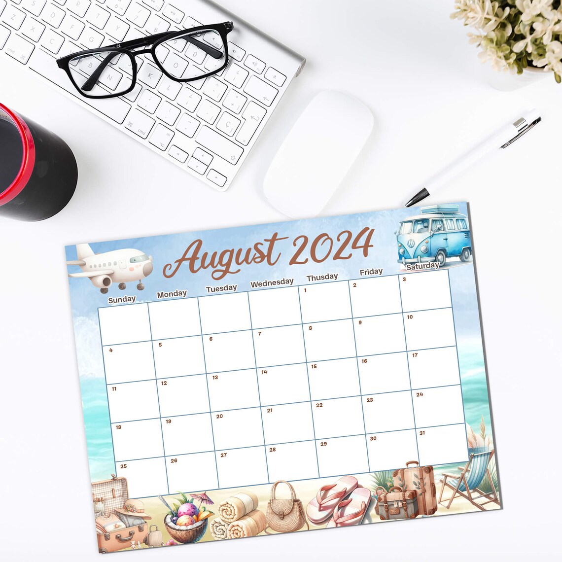 PDF August 2024 Adventure Themed Calendar, Printable Cute Travel ...