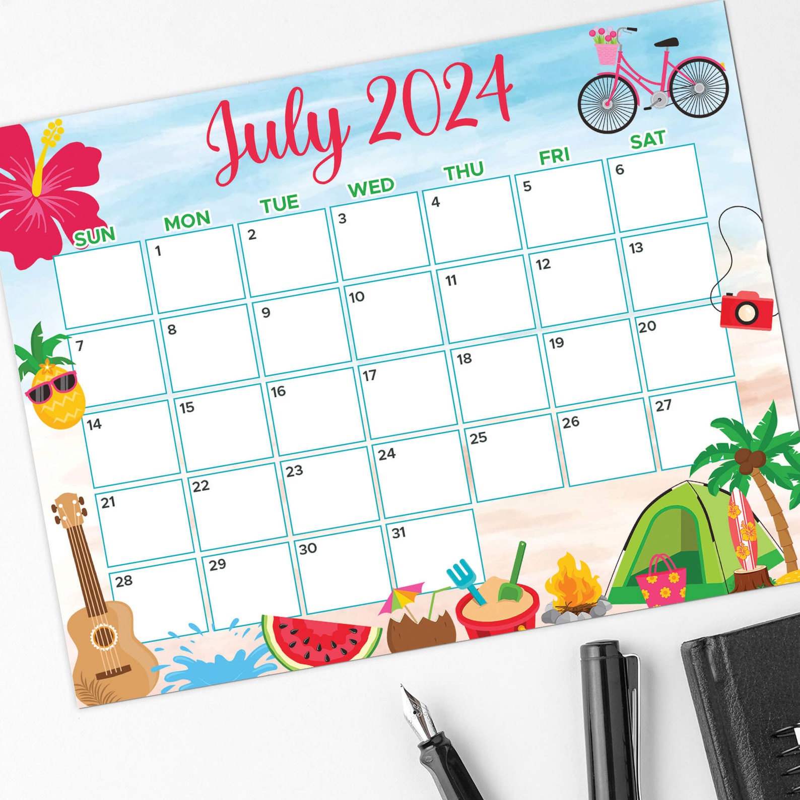 July 2024 Summer Calendar, Printable Cute Beach Summer Vibe Calendar ...