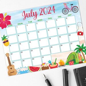 July 2024 Summer Calendar, Printable Cute Beach Summer Vibe Calendar ...