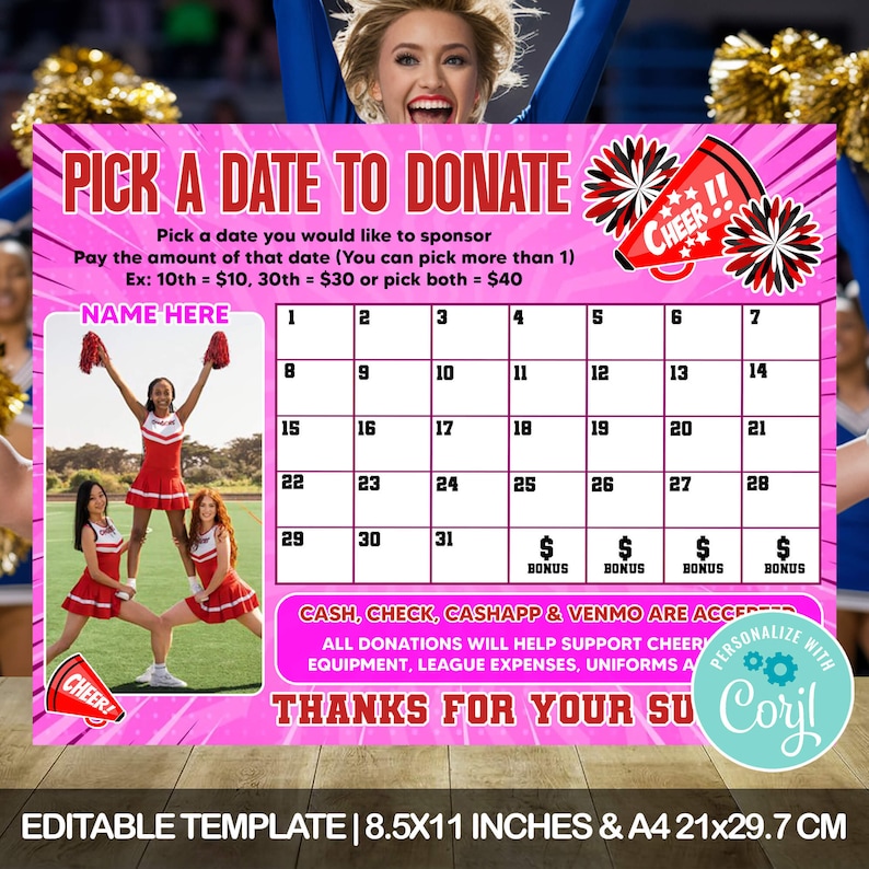 Editable Cheerleading Fundraising Calendar, Cheerleader, Cheer Pick a ...