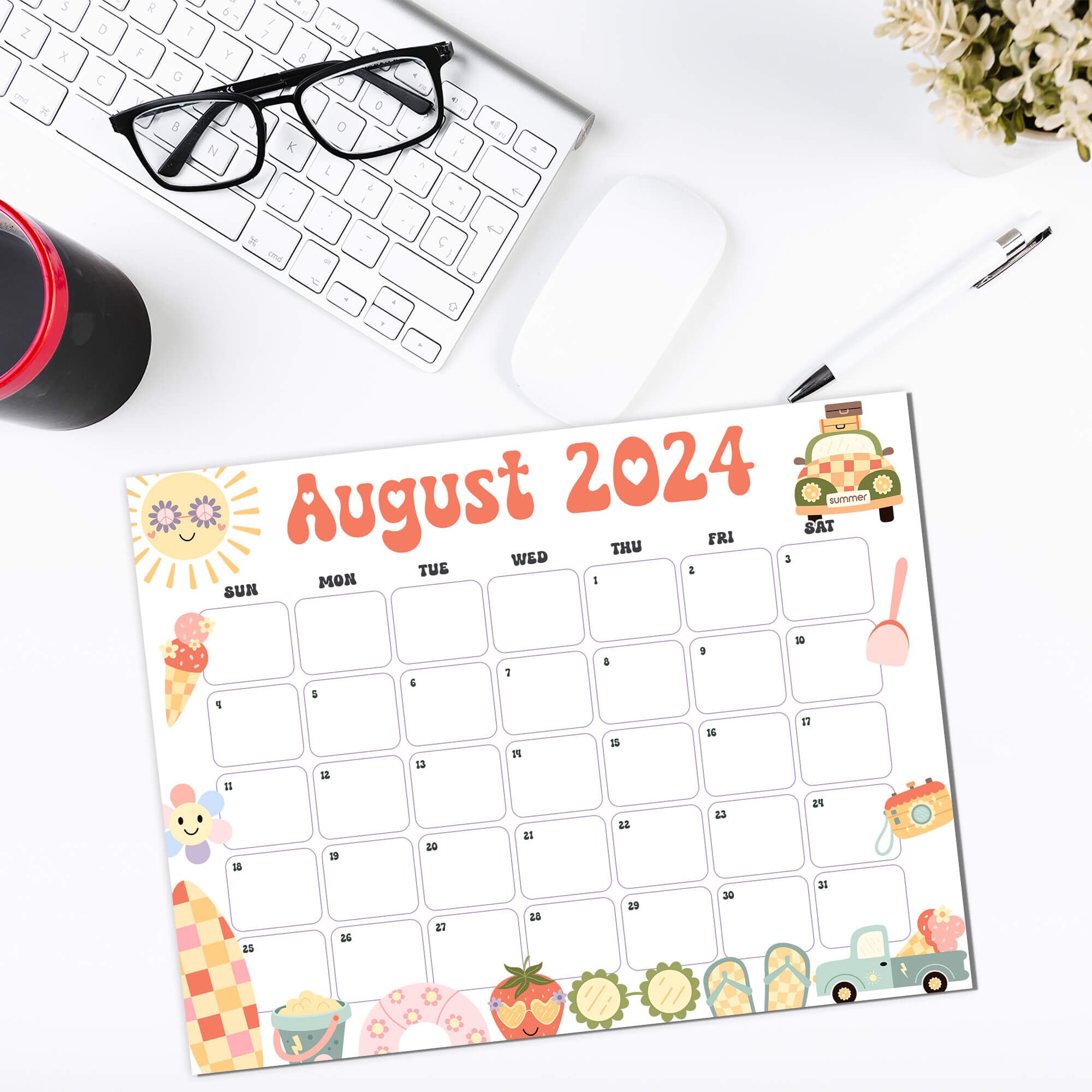 PDF Cute Retro Summer Vibe Theme August 2024 Calendar, Printable ...
