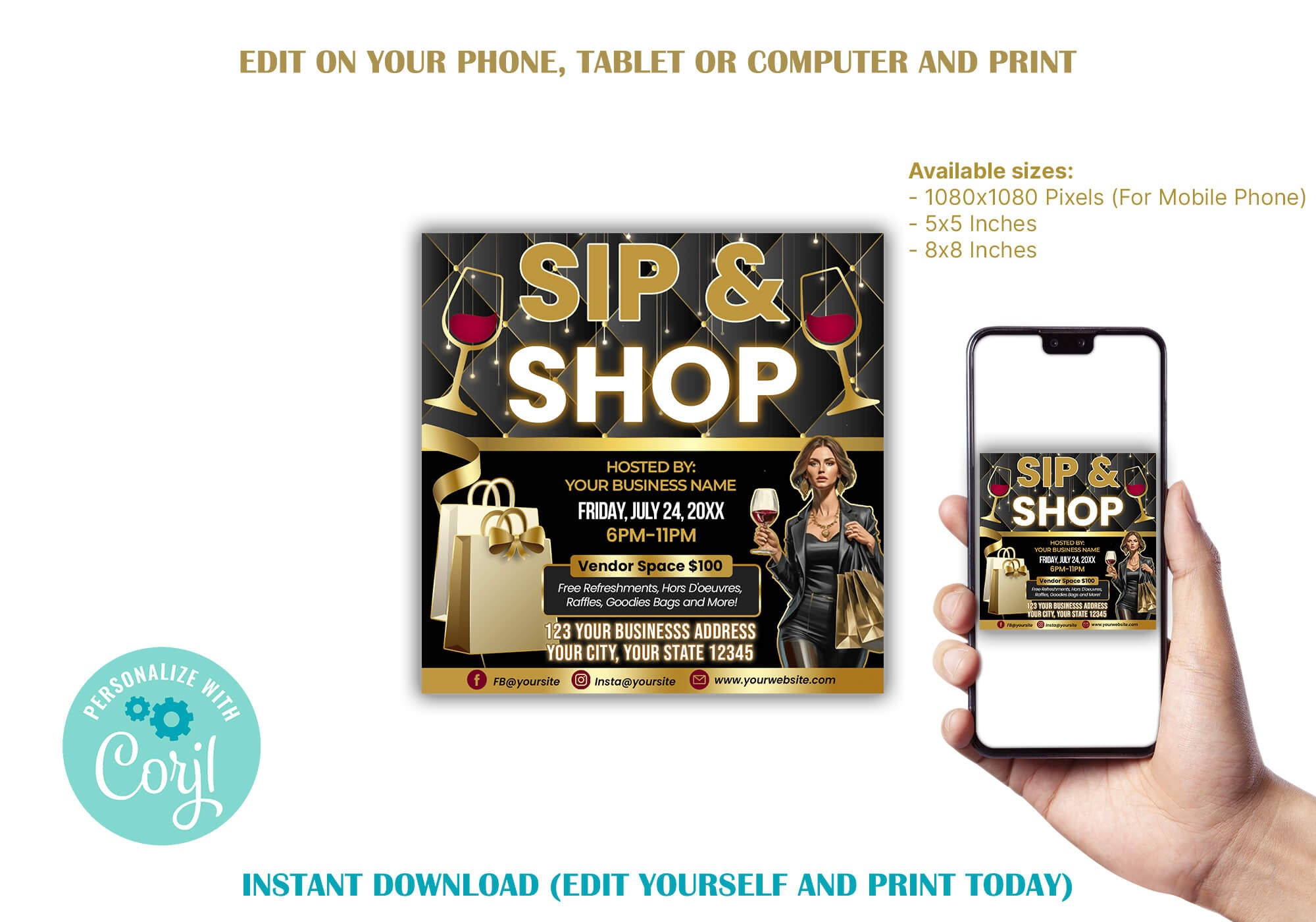 Editable Sip and Shop Pop up Shop Flyer, Shopping Event Invitation ...