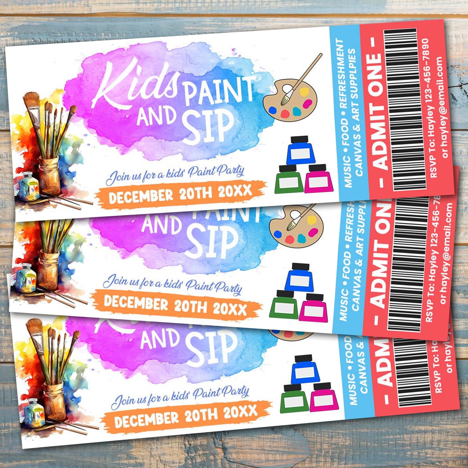 DIY Kids Paint and Sip Ticket | Editable Kids Paint Party Event Ticket ...