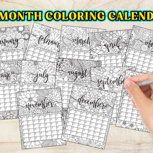 12 Month Coloring Calendar Floral Pattern Black Lettering, Printable ...