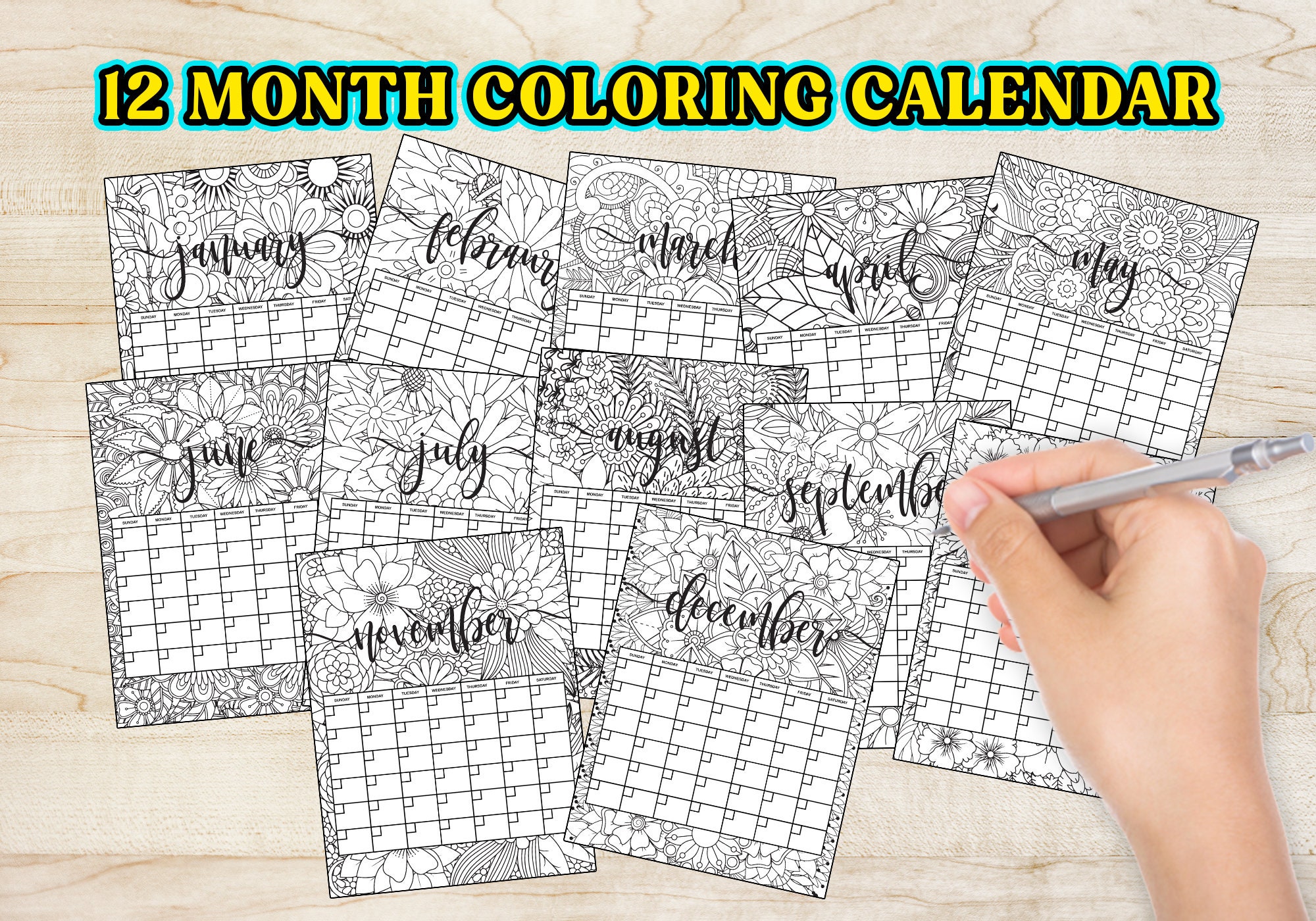 12 Month Coloring Calendar Floral Pattern Black Lettering, Printable ...