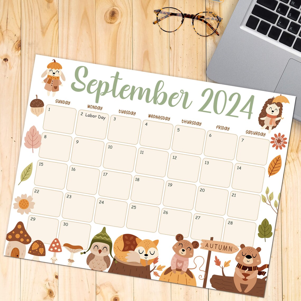Autumn Themed September 2024 Printable Calendar With Animals - Etsy UK