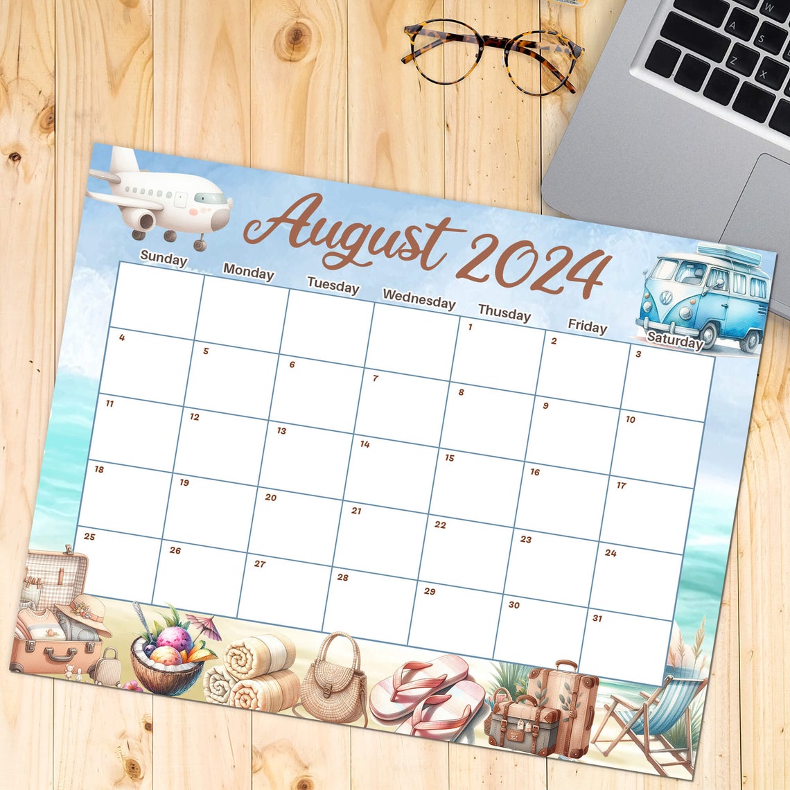 PDF August 2024 Adventure Themed Calendar, Printable Cute Travel ...