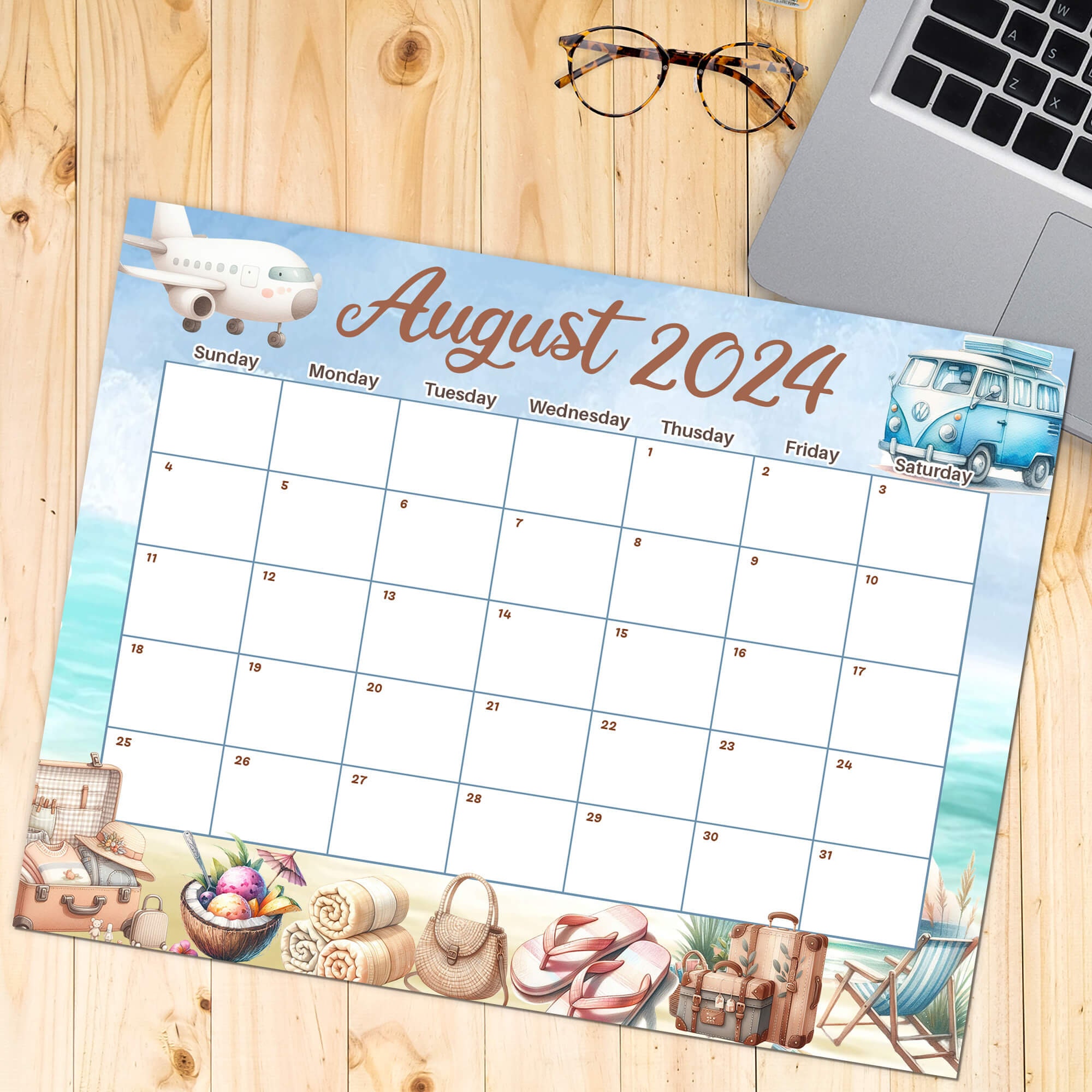 PDF August 2024 Adventure Themed Calendar, Printable Cute Travel ...