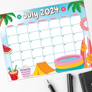 July 2024 Beautiful Summer Calendar, Printable Fillable Summer Calendar ...