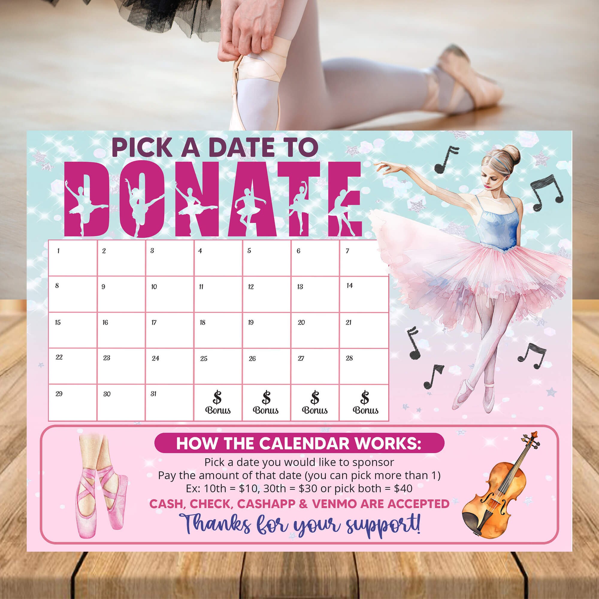 Editable Dance Fundraising Calendar, Ballerina Pick a Date to Donate ...