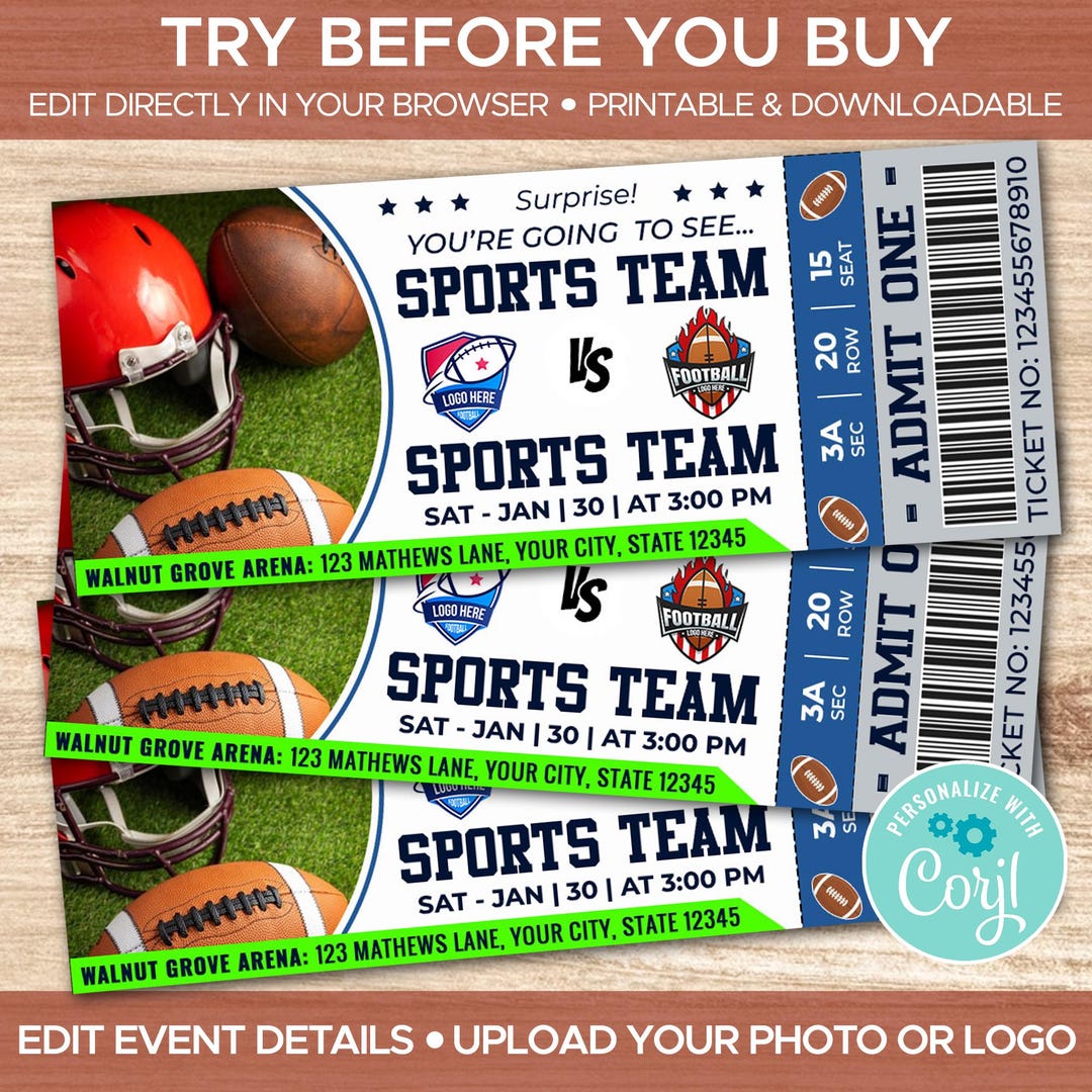 DIY Football Game Ticket Template | Editable Rugby Football Sports Game ...