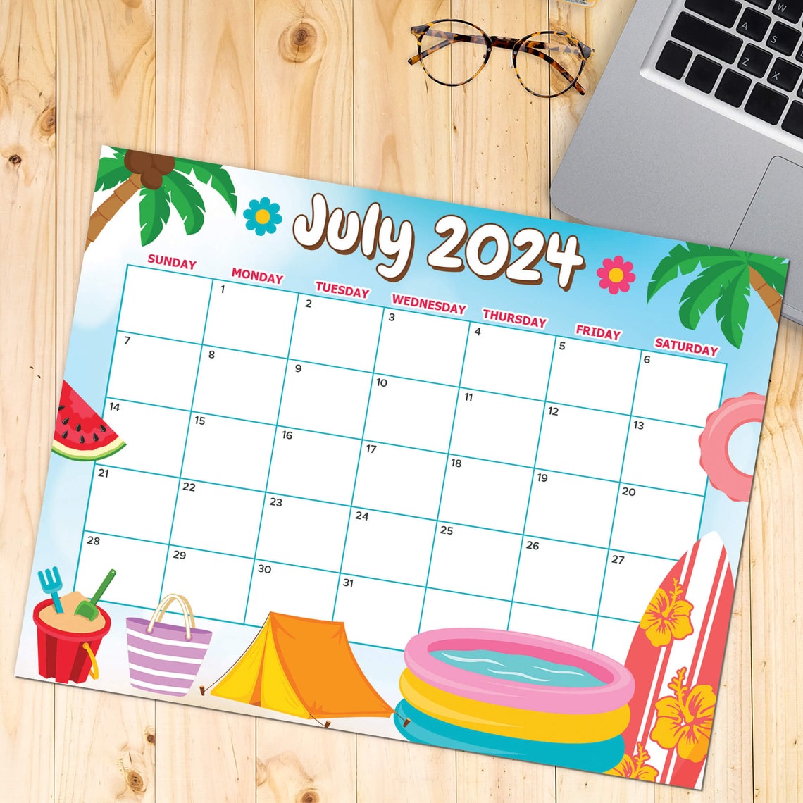 July 2024 Beautiful Summer Calendar, Printable Fillable Summer Calendar ...