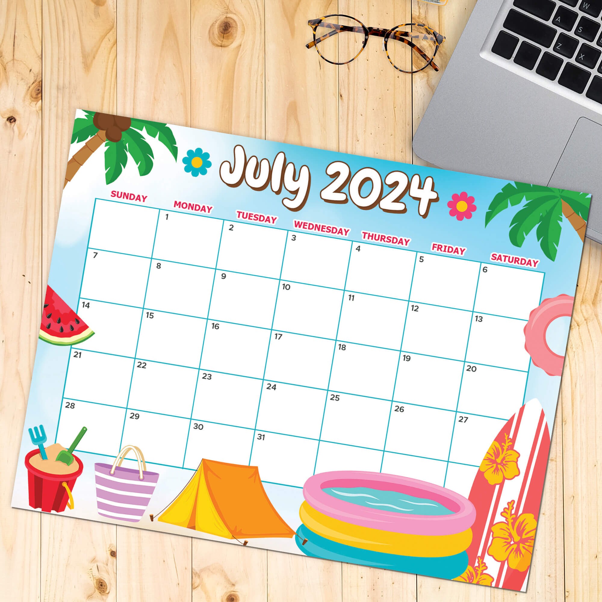 July 2024 Beautiful Summer Calendar, Printable Fillable Summer Calendar ...
