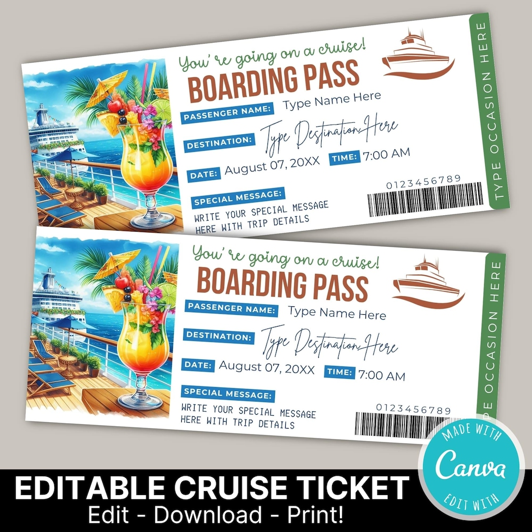 Surprise Cruise Ticket Template | Editable Cruise Ticket Boarding Pass ...