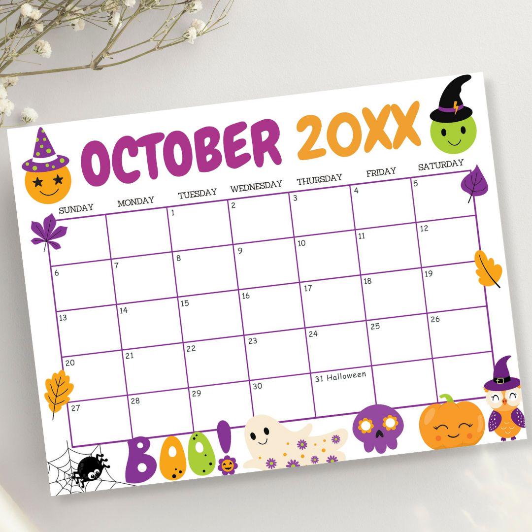 Editable October Halloween Calendar Planner Template With Cute Ghosts ...