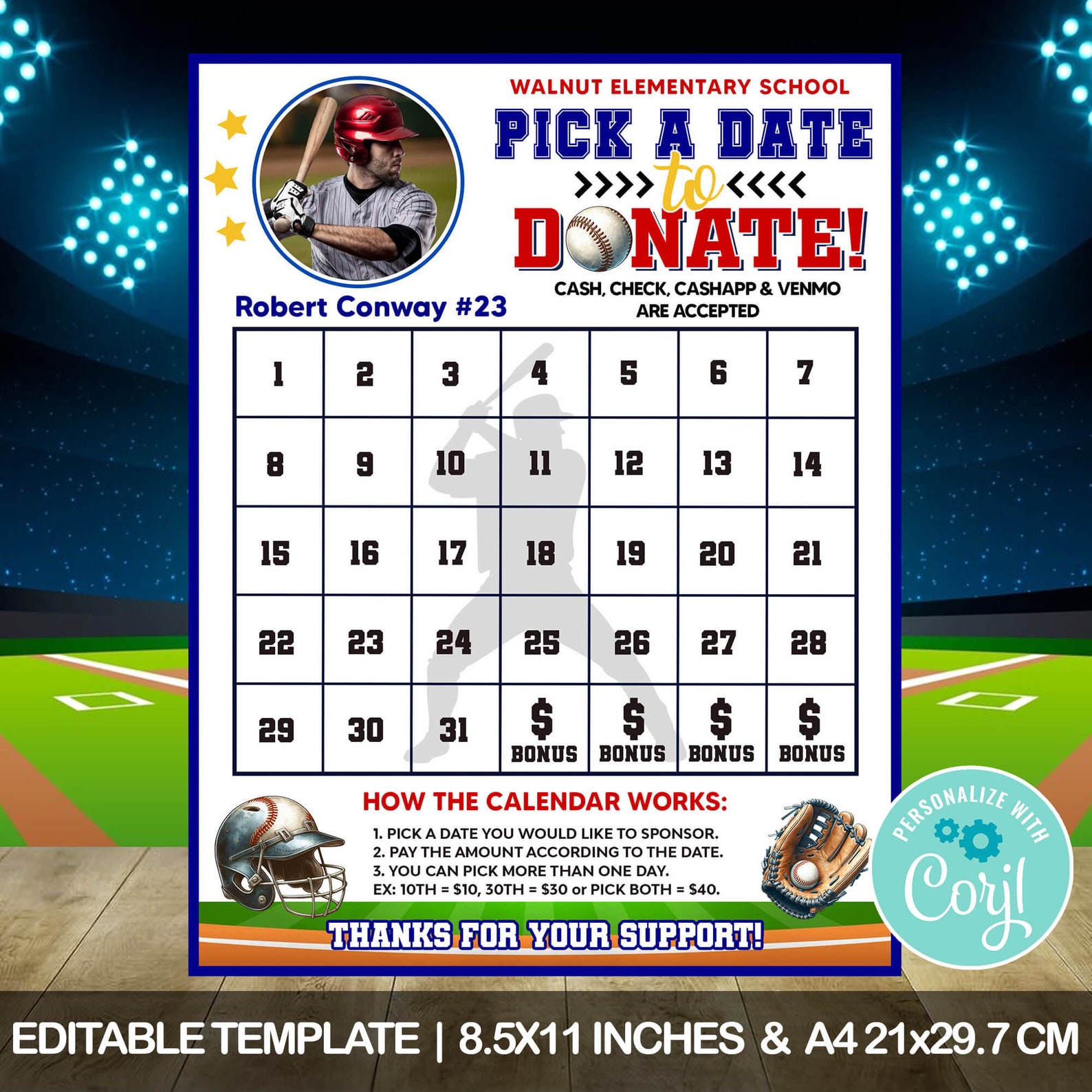 Editable Baseball Pick a Date to Donate, Sports Fundraising Calendar ...