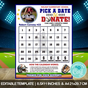 Editable Baseball Pick a Date to Donate, Sports Fundraising Calendar ...