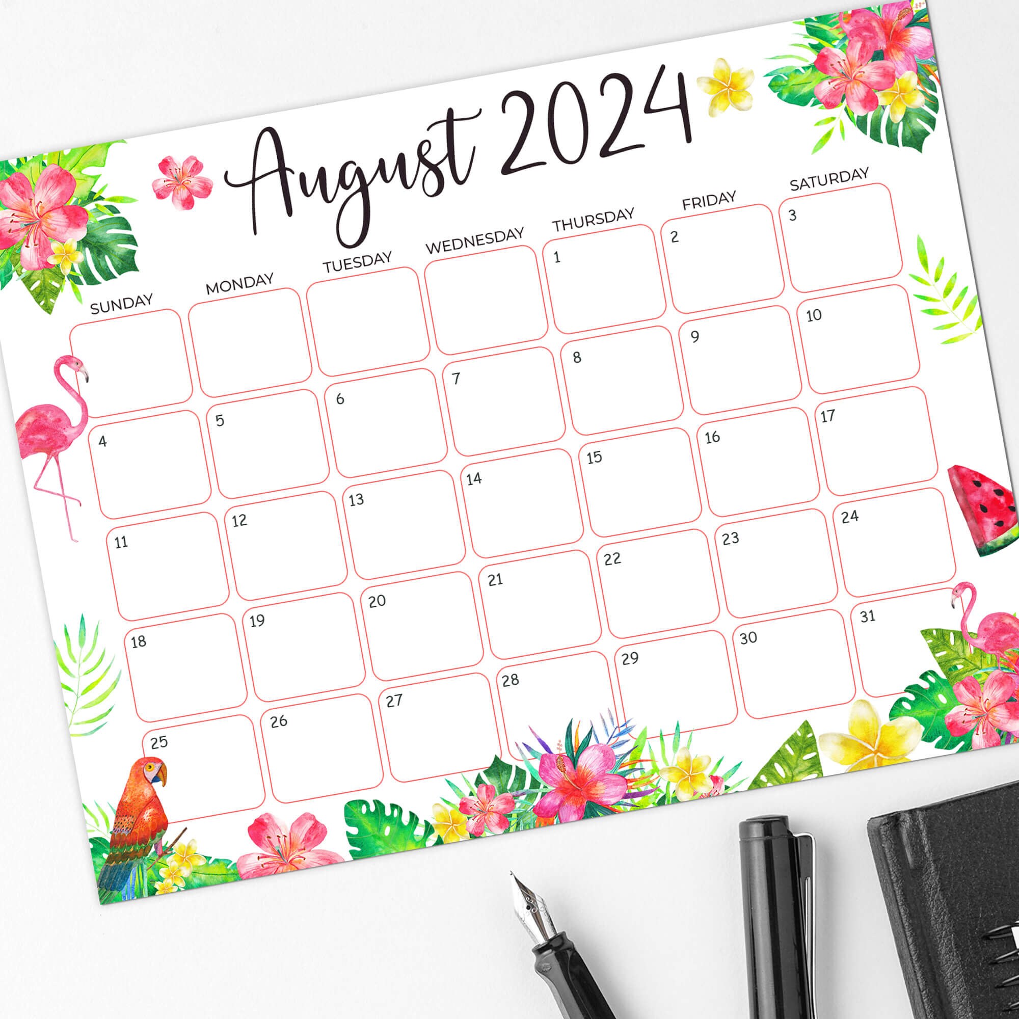 PDF August 2024 Tropical Themed Calendar, Printable Tropical Escape ...