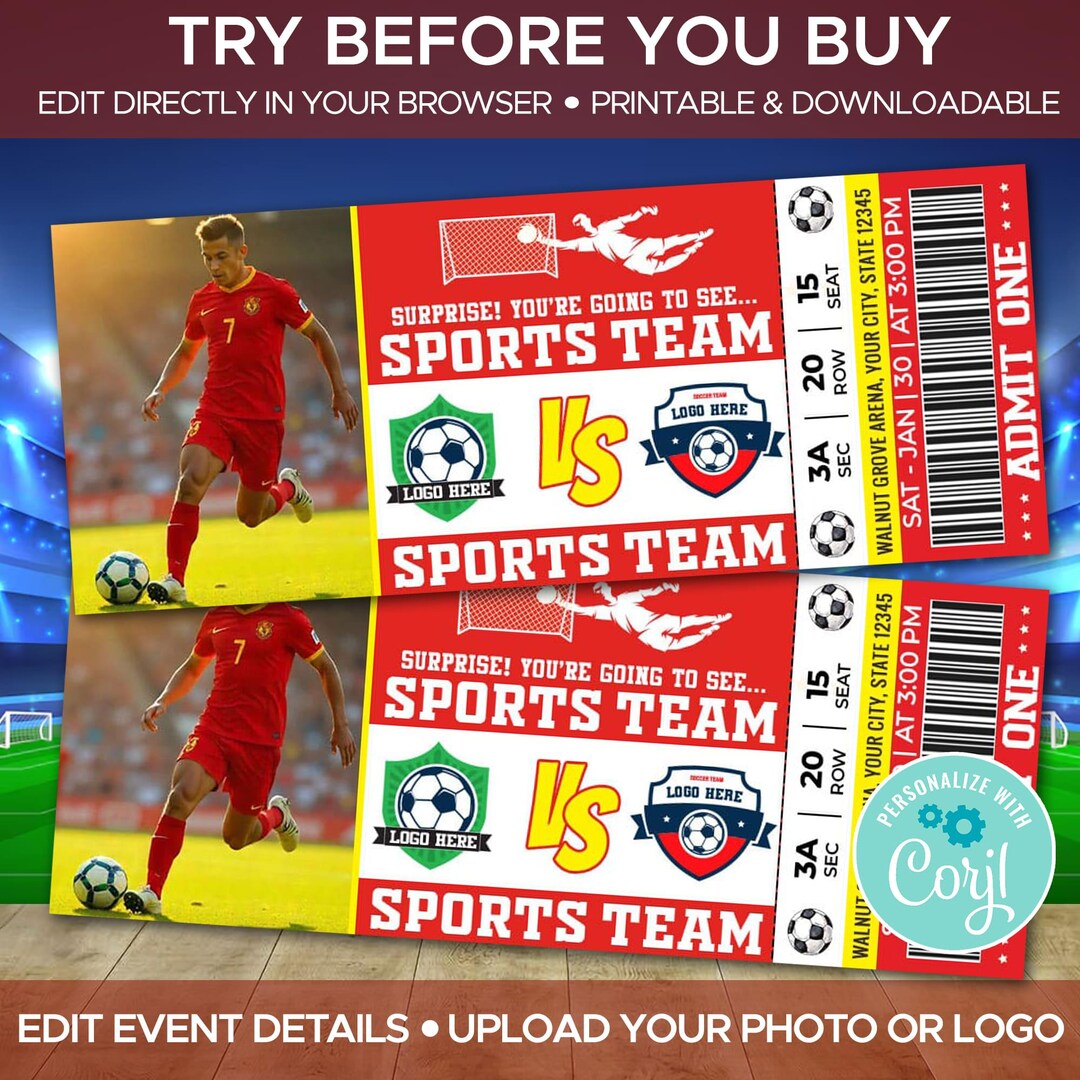 Editable Soccer Ticket Template | Sports Game Ticket | Surprise Gift ...