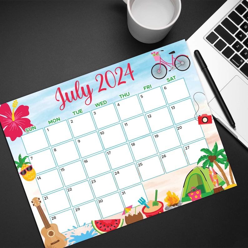 July 2024 Summer Calendar, Printable Cute Beach Summer Vibe Calendar ...