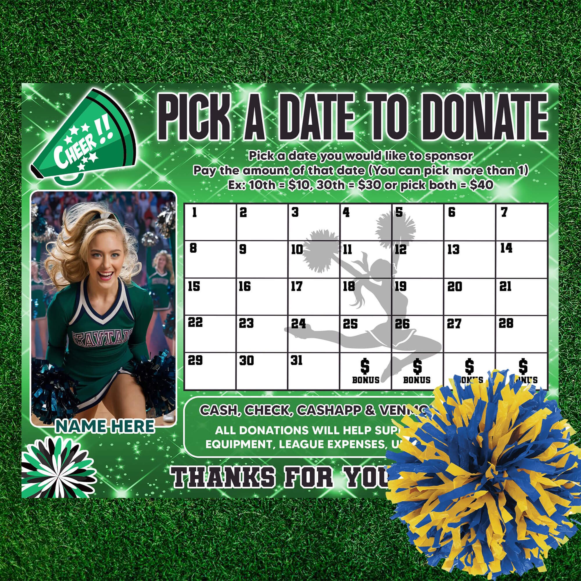 Cheerleading Squad Fundraiser Donation Calendar, Editable Pick a Date ...