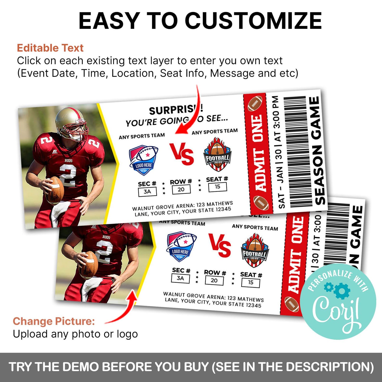 Customizable Football Ticket Template | DIY Sports Event Ticket ...