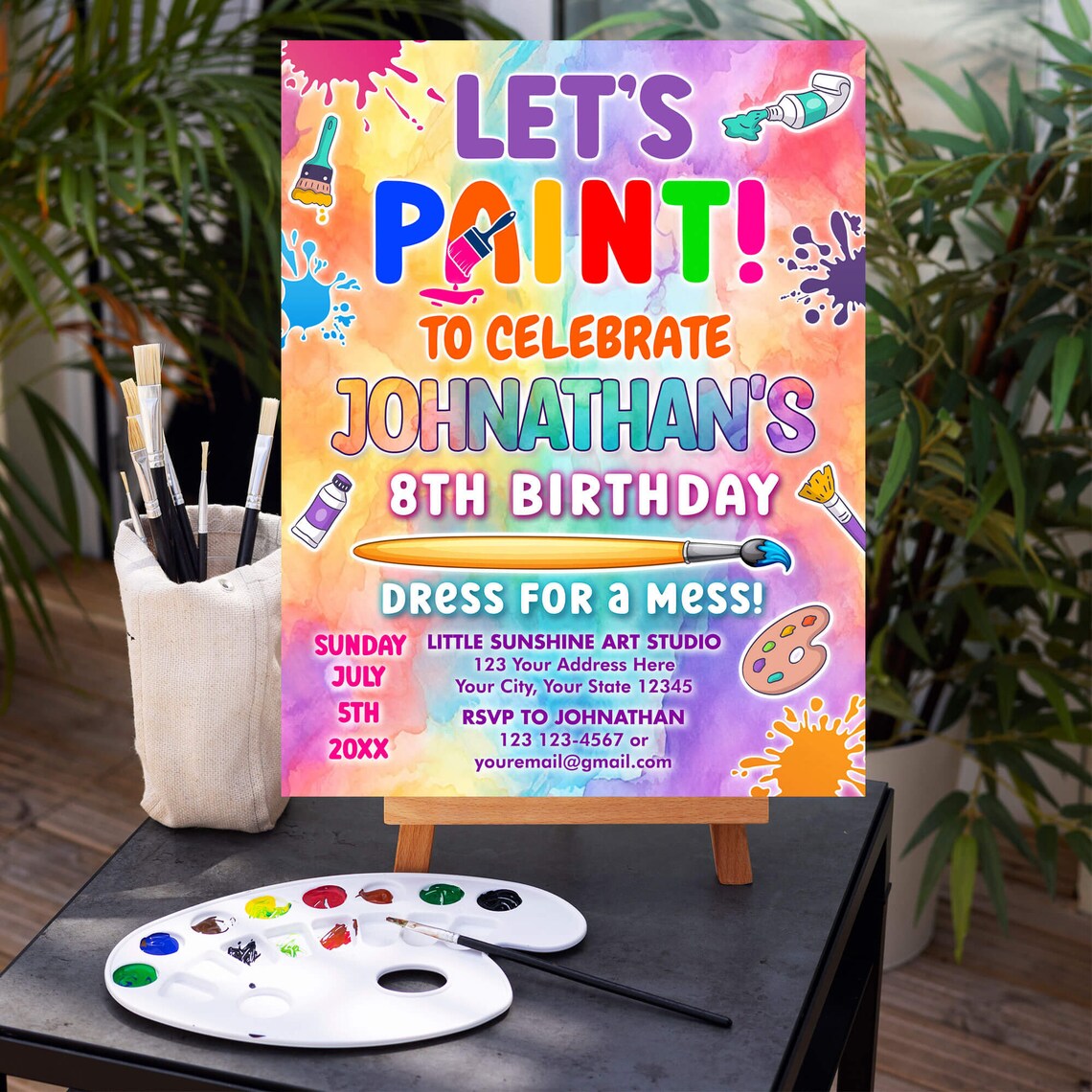 Editable Art Birthday Party, Paint Party Invitation Template, Rainbow ...