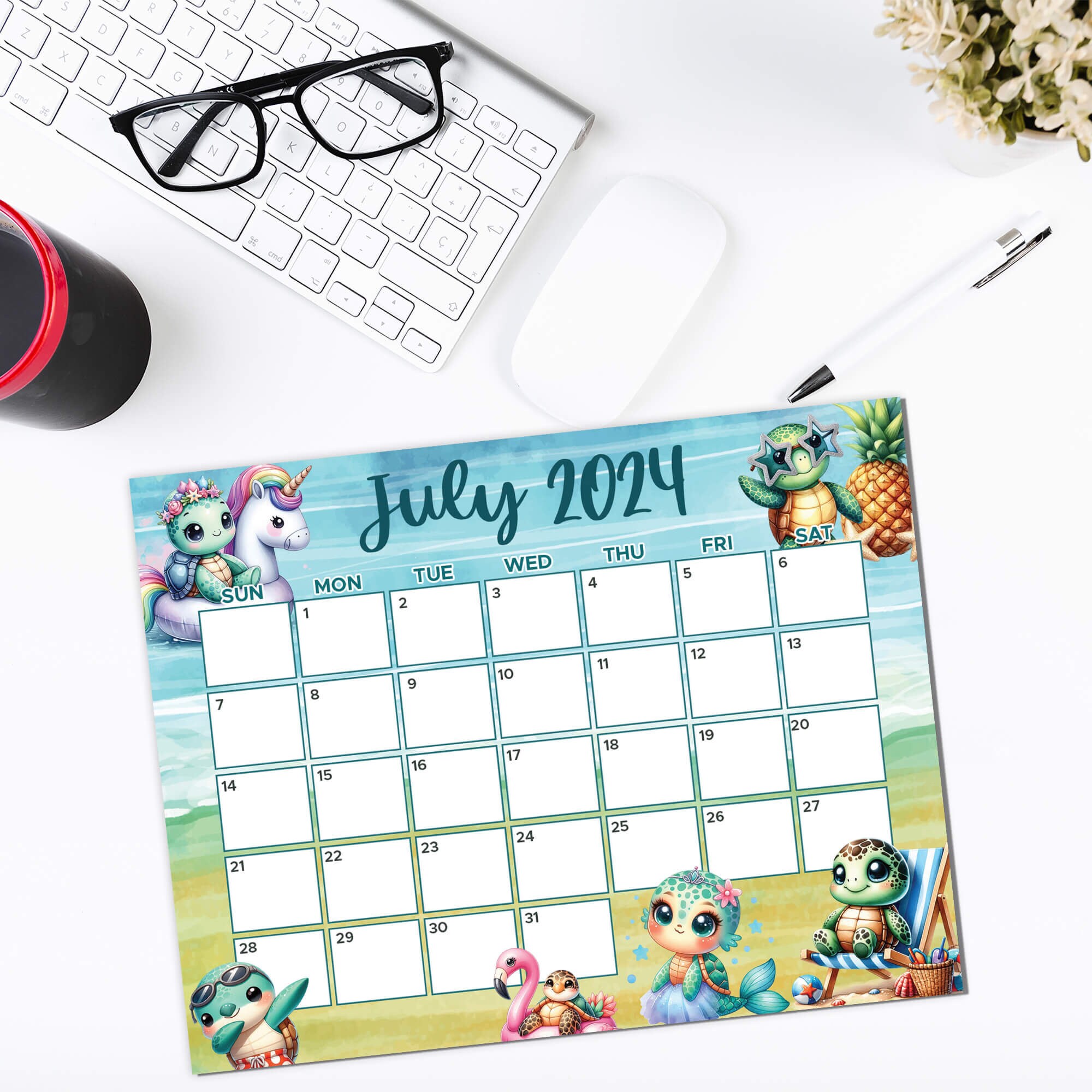 Printable Summer July 2024 Calendar, Cute Underwater Sea Turtle Month ...