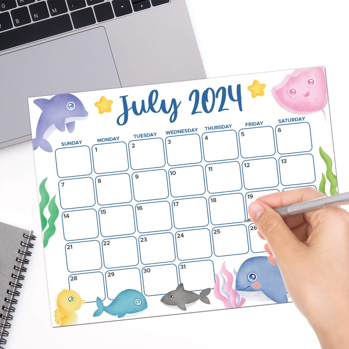 July 2024 Underwater Calendar, Printable Under the Sea Planner, Monthly ...