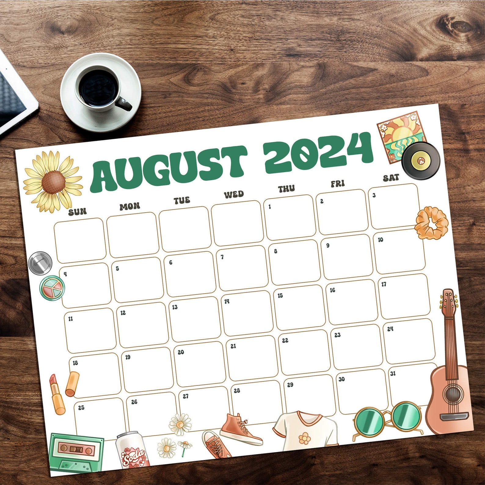 PDF Vintage Summer Vibe August 2024 Calendar, Printable Retro Nostalgic ...