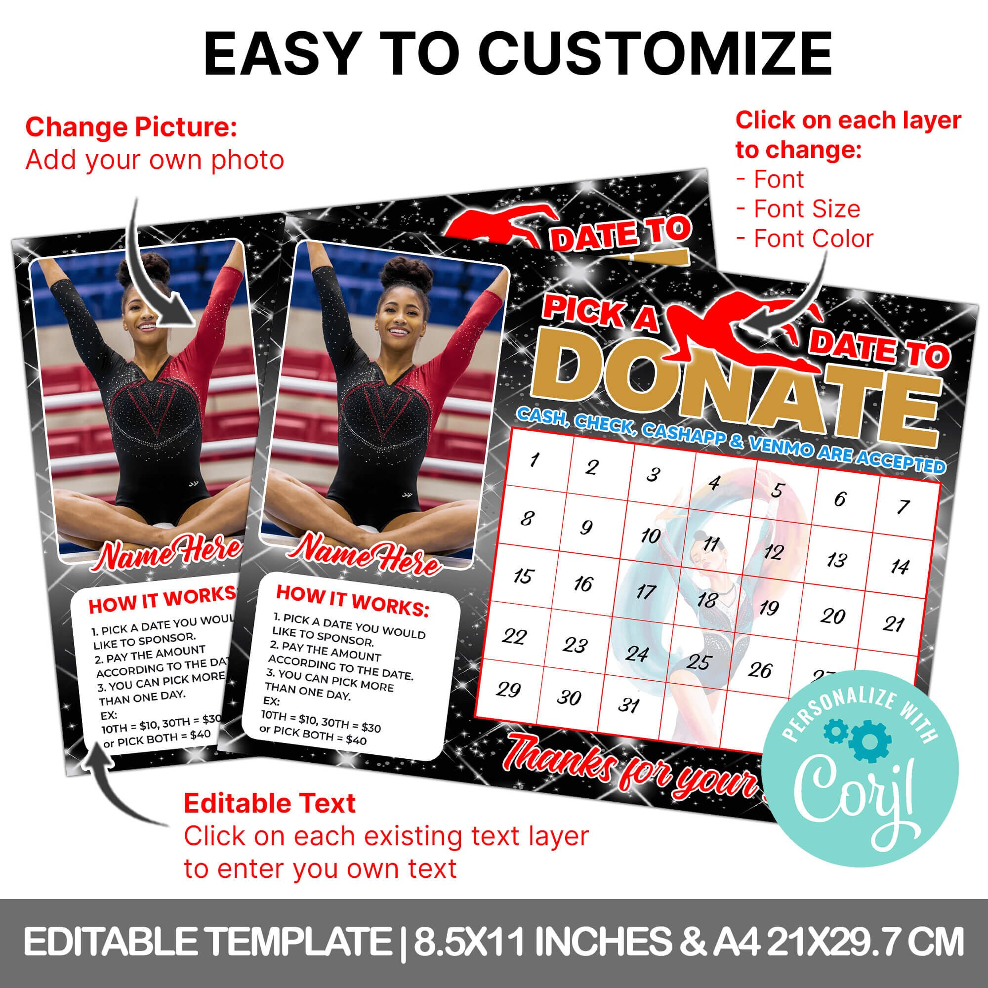 Gymnast School Fundraiser Calendar, Gymnastic Themed Calendar, Editable ...