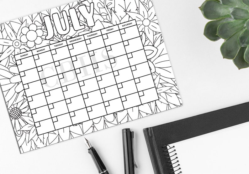 12 Month Adult Coloring Calendar Floral Pattern, Printable Adult ...